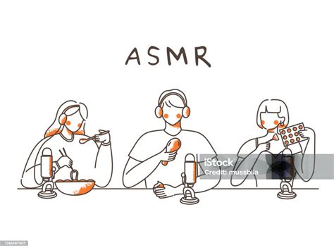 Asmr 소리를 만드는 사람들의 손으로 그린 일러스트 그룹 블로거는 소셜 미디어를 위해 비디오 또는 오디오 웹캐스트를 만듭니다