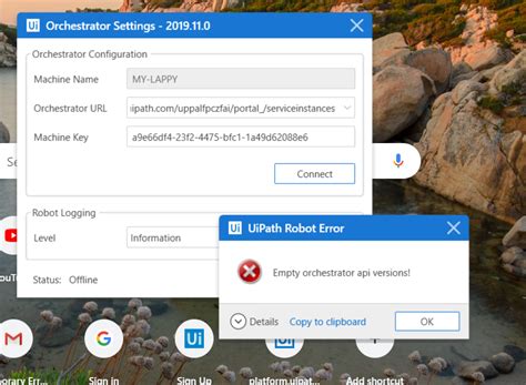 Orchestrator connection error : invalid machine key and empty ...