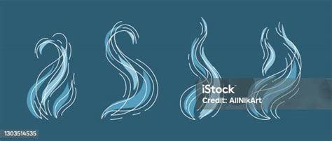 연기 또는 아로마 증기 선 아이콘 세트 냄새 웨이브 라인 기호 블루 화이트 연기 벡터 일러스트레이션 구름에 대한 스톡 벡터 아트