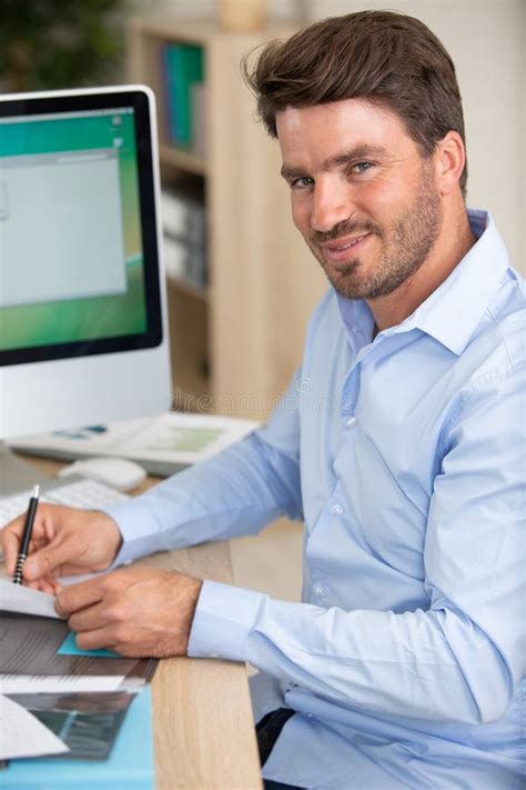 Portrait Young Man Sitting At Desk Stock Image Image Of Professional