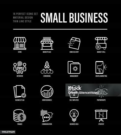 소규모 비즈니스 씬 아이콘 설정 마켓 플레이스 시장 마구간 택배 면접 공동 작업 시작 디지털 마케팅 금융 성장 차트 파트너십 자영업 벡터 그림입니다 소기업에 대한 스톡 벡터