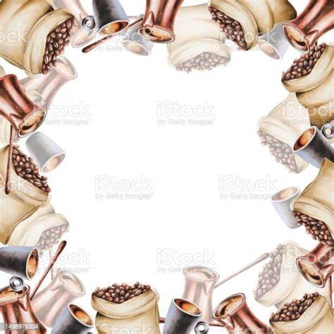 커피 만들기 도구가 있는 수채화 프레임 라떼 에스프레소 아메리카노 카푸치노 라프 모카 격리된 배경에 로고를 손으로 그린다 디자이너 메뉴 상점 바 비스트로 레스토랑 엽서 포장
