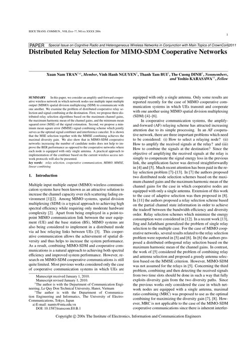 Pdf Distributed Relay Selection For Mimo Sdm Cooperative Networks