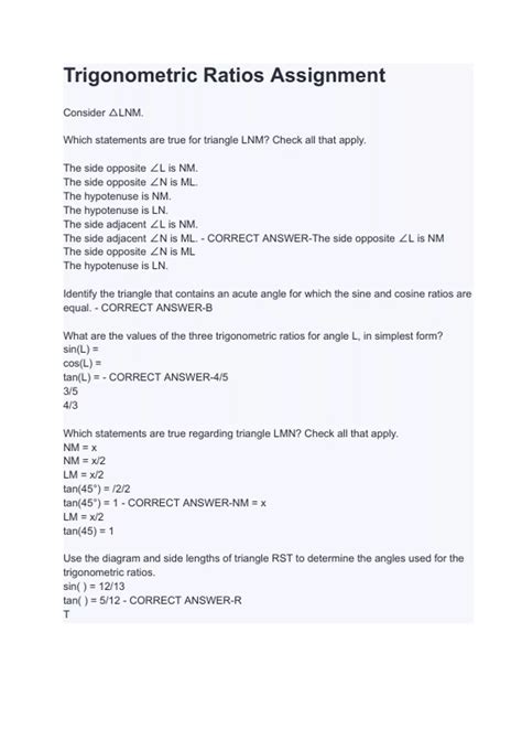 Trigonometric Ratios Assignment Updated Questions With 100 Correct Answers Latest And Verified