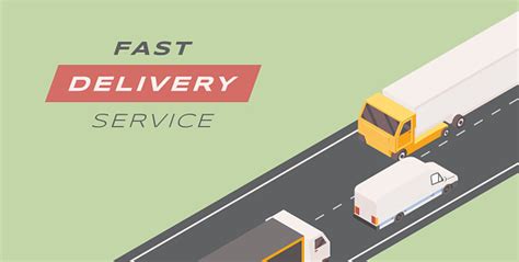 빠른 배달 서비스 아이소메트릭 배너 템플릿 만화화물 차량 고속도로에 밴 국제 상품 배달 광고 물류 회사 선적 서비스 프로모션 포스터 디자인 0명에 대한 스톡 벡터 아트 및