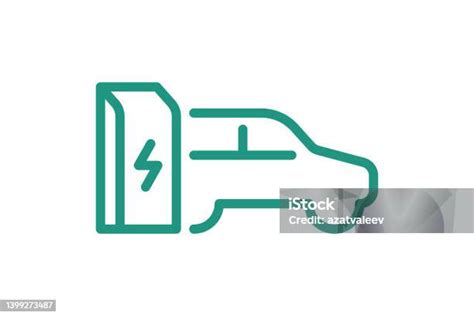 충전기 역에서 전기 자동차 충전 선형 녹색 아이콘 전기 자동 전원 충전 기호 친환경 전기 차량 충전 표지판 벡터 배터리 구동 Ev 운송 로고 아이콘에 대한 스톡 벡터 아트