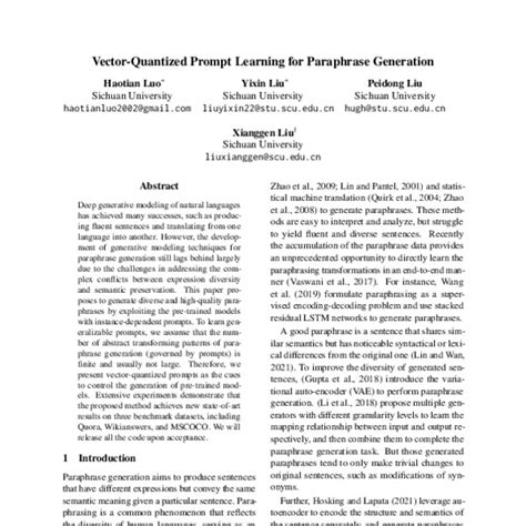 Vector Quantized Prompt Learning For Paraphrase Generation Acl Anthology