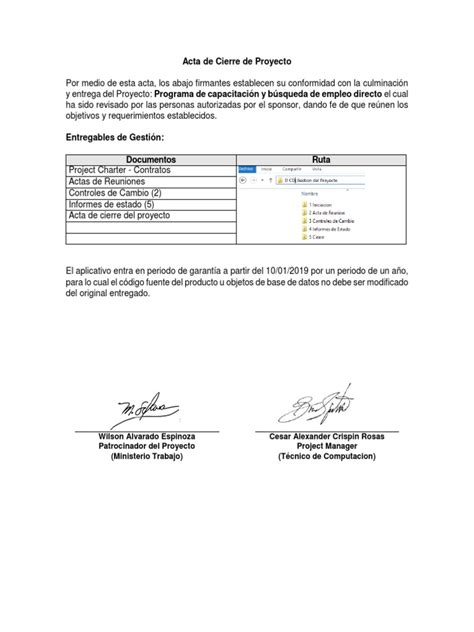 Acta De Cierre De Proyecto Pdf