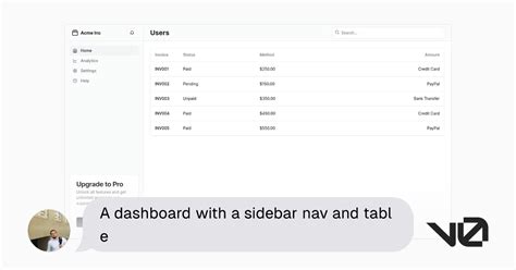a dashboard with a sidebar nav and table a shadcn ui and v0