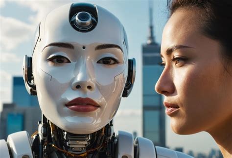 A Woman And Humanoid Robot Face Each Other Closely A Moment Of