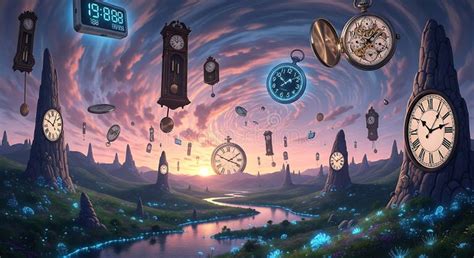 Surreal Valley Of Floating Clocks Stock Illustration Illustration Of