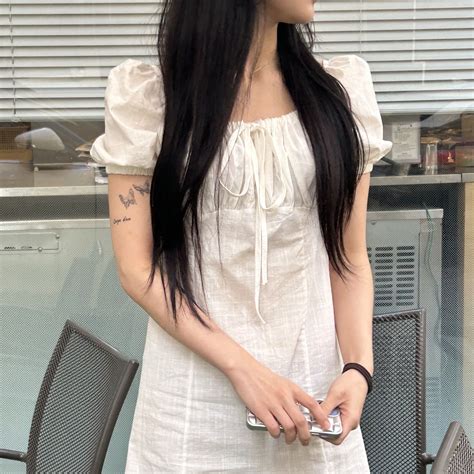 봄여름청순폭발2color 스퀘어넥 퍼프 오프숄더 린넨 무지 반팔 미니원피스 휴양지룩데일리룩 에이블리