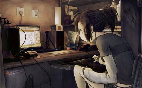Download Anime Girl Confused In Front Of Laptop Wallpaper