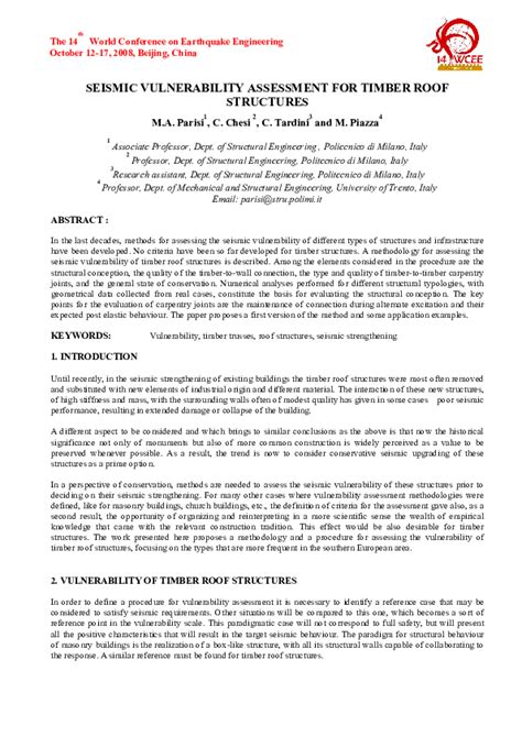Pdf Seismic Vulnerability Assessment For Timber Roof Structures