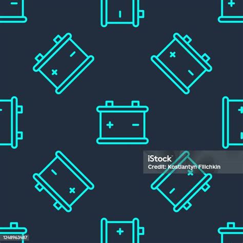 녹색 라인 자동차 배터리 아이콘 은 파란색 배경에 원활한 패턴을 격리 어큐뮬레이터 배터리 에너지 전력 및 전기 축적기 배터리 벡터 일러스트레이션 고압 전류 주의에 대한 스톡