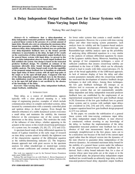 Pdf A Delay Independent Output Feedback Law For Linear Systems With Time Varying Input Delay