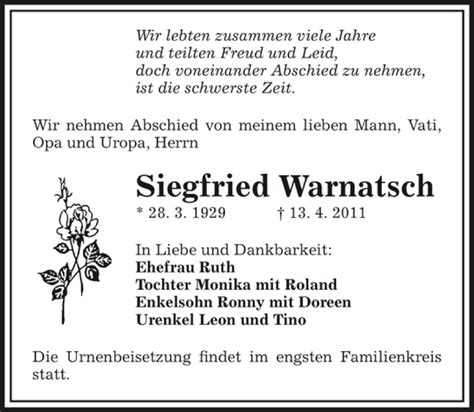 Traueranzeigen Von Siegfried Warnatsch Trauer Anzeigende