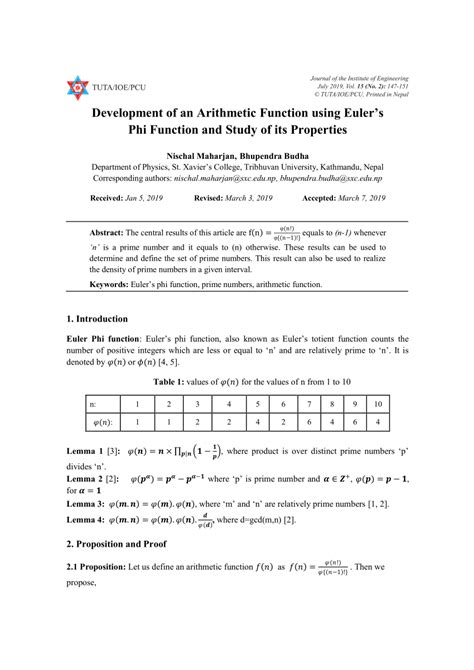 Pdf Development Of An Arithmetic Function Using Eulers Phi Function