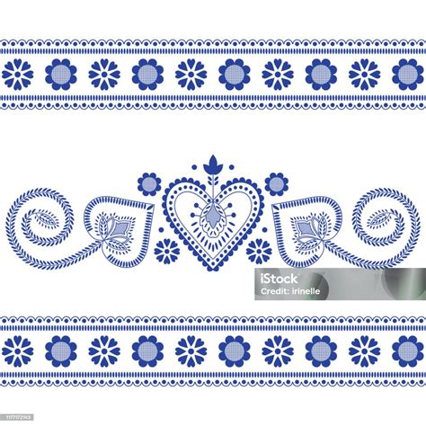 민속 꽃 북유럽 스칸디나비아 패턴 벡터입니다 꽃과 마음과 민족 파란색과 흰색 국경 장식 휴일 카드 자수 의류 인쇄 파티 장식꽃 디자인 0명에 대한 스톡 벡터 아트 및 기타