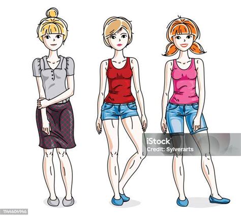 행복 한 젊은 성인 여자 여성 서 있는 캐주얼 옷을 입고 벡터 문자 집합입니다 패션과 라이프 스타일 테마 만화 가냘픈에 대한