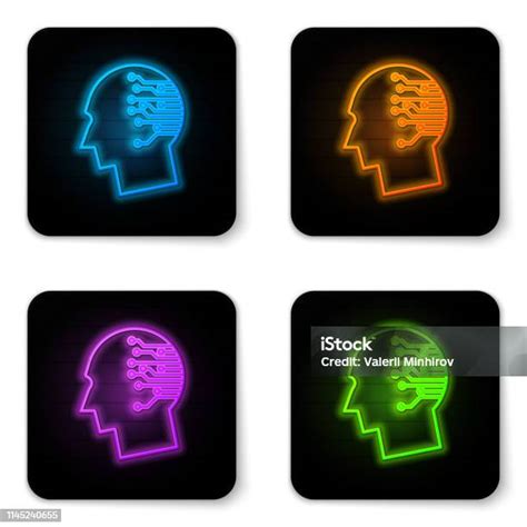 흰색 배경에 고립 된 디지털 회로 보드 아이콘으로 네온 인간의 뇌를 빛나는 인공 지능 내부 회로 라인과 인간의 머리 윤곽 검은색 사각형 단추입니다 벡터 일러스트 개념에 대한