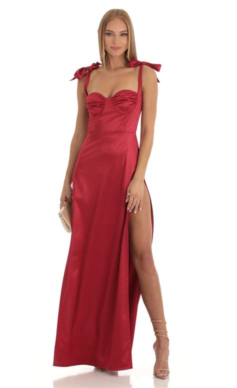 Satin Slit Maxi Dress In Red Lucy In The Sky