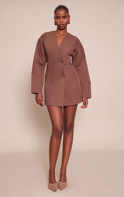 Tan Woven Balloon Sleeve Blazer Dress Dresses Plt Qa