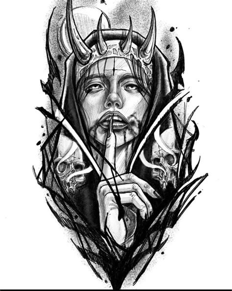 Evil Woman Angel And Demon Head Tattoo Desain Tattoo Black And Grey
