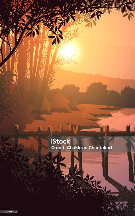 습지 자연 숲 산 지평나무 풍경 벽지 일출과 일몰 일러스트 벡터 스타일의 가장자리에 나무 포트 다채로운보기 배경 만화 스타일에 대한 스톡 벡터 아트 및 기타 이미지 Istock