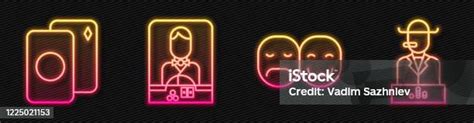 세트 라인 포커 플레이어 카드 놀이의 갑판 카지노 딜러와 포커 플레이어 빛나는 네온 아이콘입니다 벡터 가능성에 대한 스톡 벡터 아트 및 기타 이미지 Istock