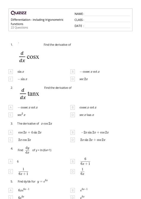 50 Derivatives Of Trigonometric Functions Worksheets For 11th Year On