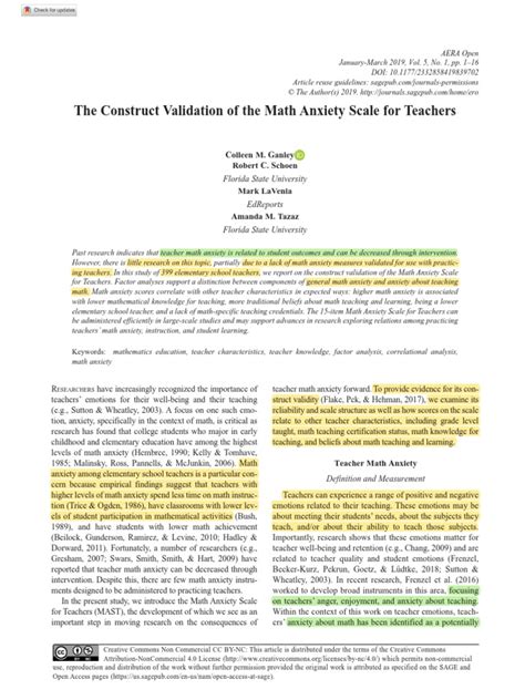 Colleen 2019 The Construct Validation Of The Math Anxiety Scale For Teachers Pdf Teachers