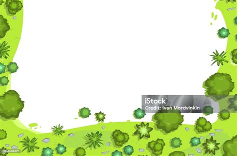 숲속의 글레이드 텍스트가 있는 프레임입니다 나무와 관목 위에서 볼 수 있습니다 식물 풍경 맨 위 보기입니다 높이 만화 스타일의 일러스트레이션 흰색 배경 벡터에서 격리 0명에