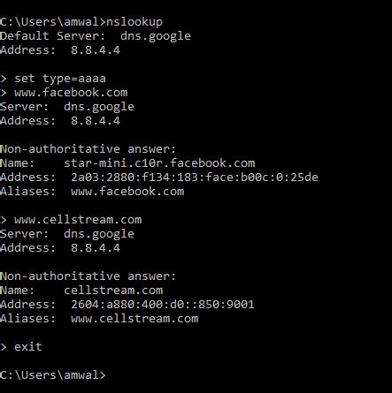 IPv6 Windows Command Line Examples CellStream Inc