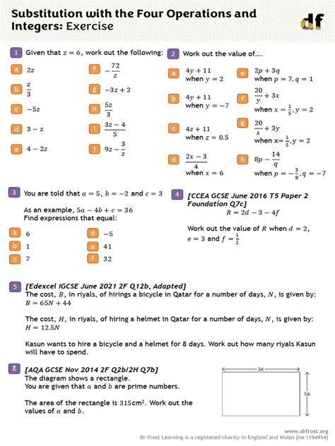 Substitution With The Four Operations Exercise Pdf Vocational Education Educational
