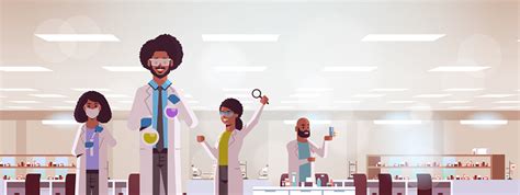 과학 연구원 팀 만들기 실험 아프리카 계 미국인 과학자 그룹 균일 한 협력 팀워크 연구 과학 개념 현대 실험실 인테리어 초상화 수평 돋보기 광학 기기에 대한 스톡 벡터 아트