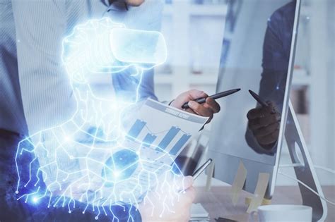 Premium Photo Ar Hologram With Man Working On Computer On Background Augmented Reality Concept