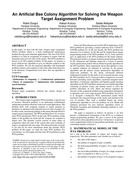 Pdf An Artificial Bee Colony Algorithm For Solving The Weapon Target Assignment Problem