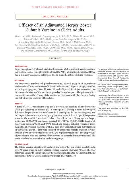 Pdf Efficacy Of An Adjuvanted Herpes Zoster Subunit Vaccine In Older Adults