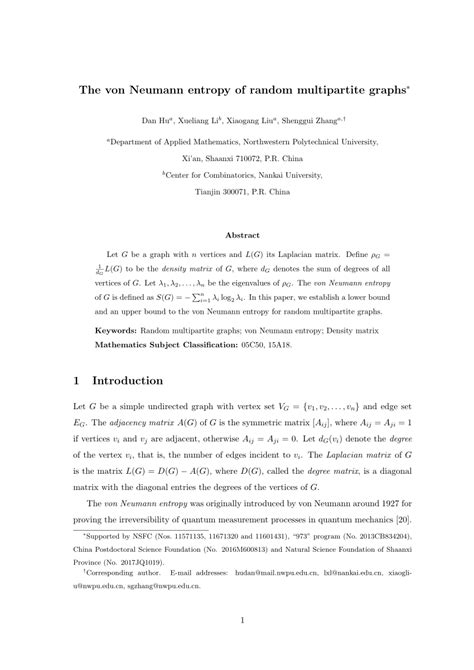 Pdf The Von Neumann Entropy Of Random Multipartite Graphs