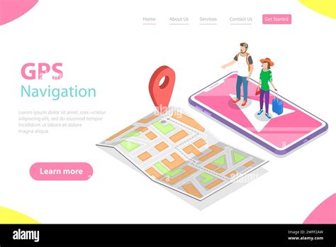 Isometric Flat Vector Landing Page Tempate Of Mobile Pgs Navigation