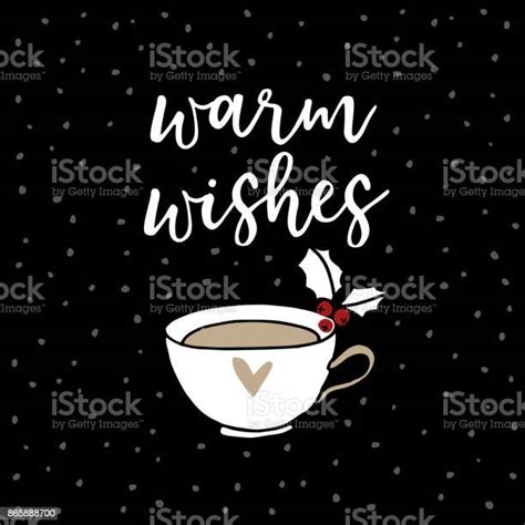 크리스마스 새 해 인사 카드 초대장입니다 따뜻한 손으로 쓴된 텍스트를 기원합니다 손으로 그려 홀리 열매에 의해 꾸며진 커피 또는 차 한잔 벡터 일러스트 레이 션 레터링