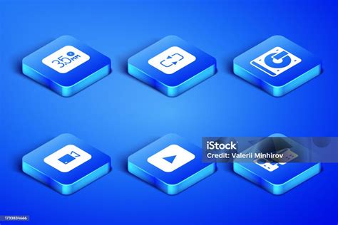 시네마 카메라 오디오 잭 재생 버튼 비디오 반복 및 비닐 플레이어를 비닐 디스크 아이콘으로 설정합니다 벡터 3차원 형태에 대한 스톡 벡터 아트 및 기타 이미지 Istock