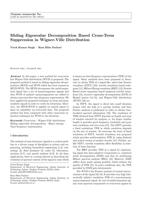 Pdf Sliding Eigenvalue Decomposition Based Cross Term Suppression In Wigner Ville Distribution