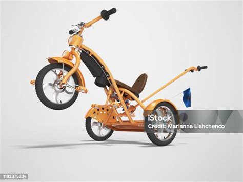 그림자와 회색 배경에 리프트 앞 바퀴 3d 렌더링 컨셉 오렌지 아이 세발 자전거 0명에 대한 스톡 사진 및 기타 이미지 0명 골동품 귀여운 Istock
