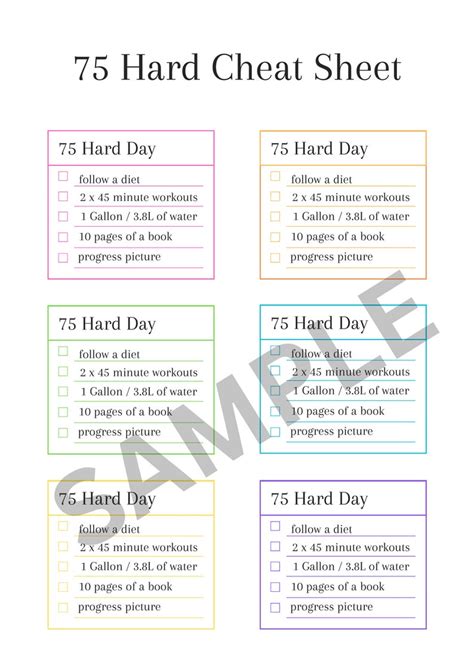 75 hard cheat sheet rainbow printable 75 hard tracker fitness cheat