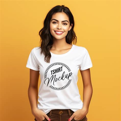 Premium Psd Sexy Woman In A White Tshirt On The Orange Background Mockup