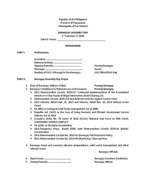Barangay Assembly Programme Pdf Government
