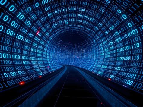 Futuristic Digital Tunnel With Glowing Binary Code And Red Light Trails