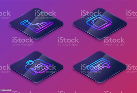 아이소메트릭 라인 슬리퍼를 양말 스웨터 프로세서 Cpu 및 인증서 템플릿으로 설정합니다 파란색 사각형 버튼입니다 벡터 3차원